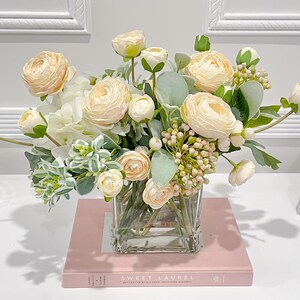 Handmade Cream Ranunculus Centerpiece: Silk Floral Arrangement in Glass ...