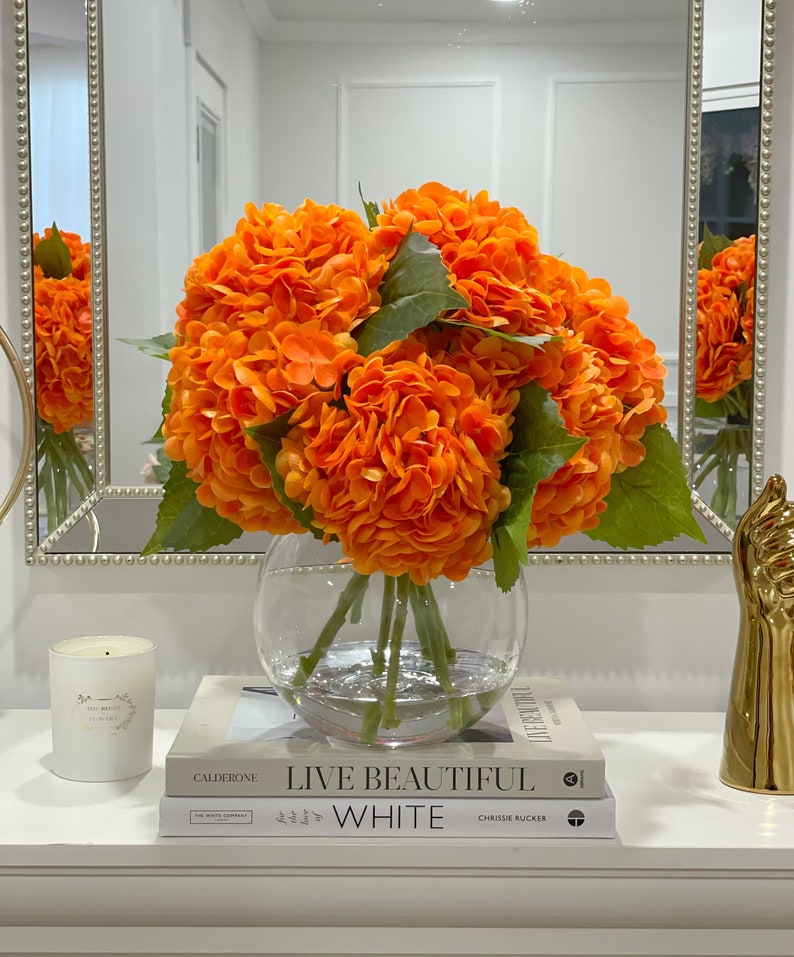 Handmade Orange Hydrangea Arrangement: Real Touch Faux Floral ...