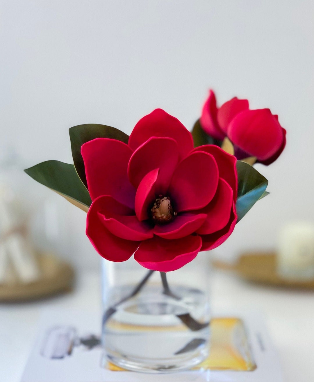 Finest Real Touch Red Magnolia Arrangement, Faux Magnolia Table ...