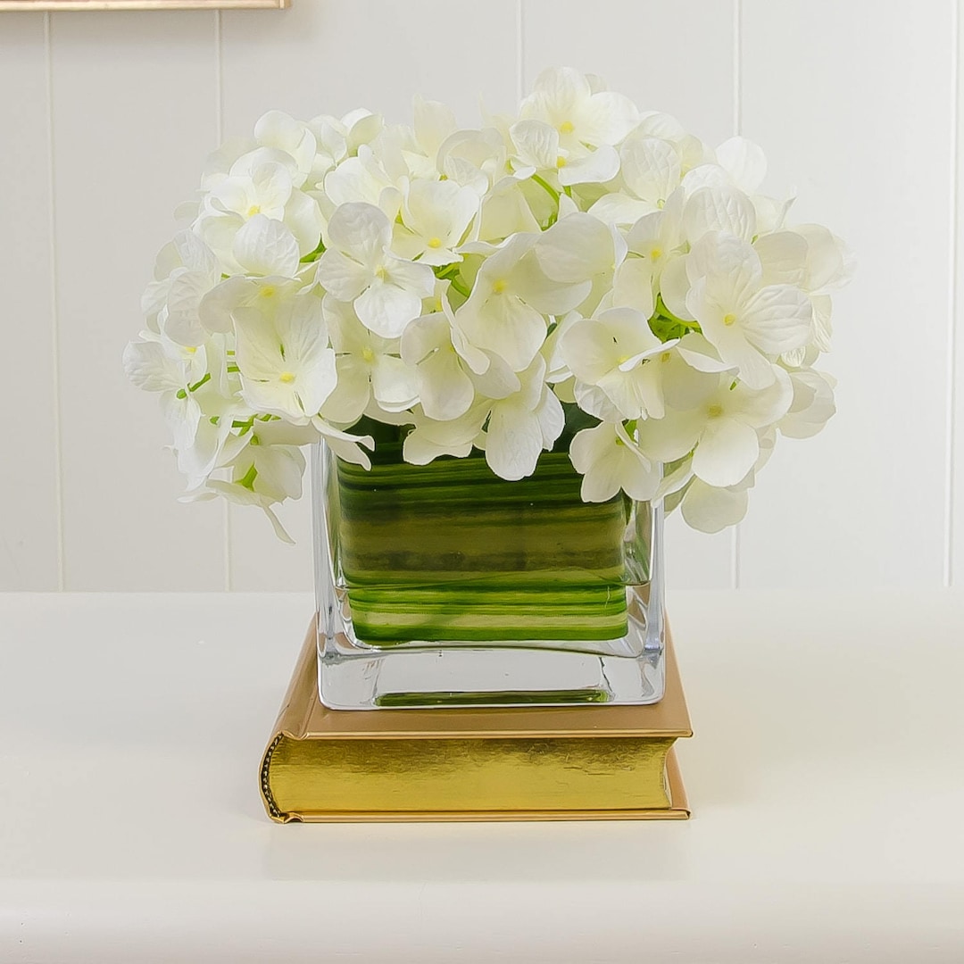 White Hydrangea Arrangement: Faux Floral Centerpiece in Square Vase - Etsy