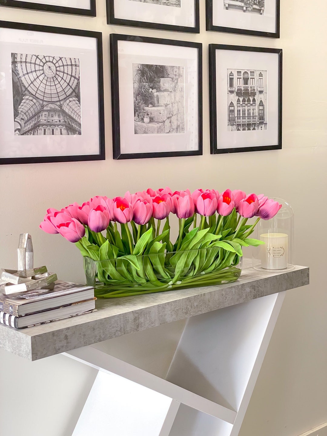 Modern Long Real Touch Tulip Arrangement in Rectangle Glass Vase ...