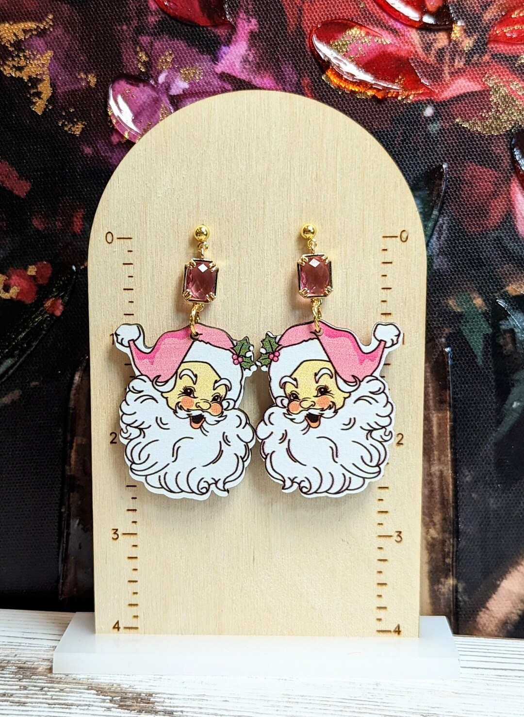 Clearance//vintage Style Santa Earrings With Gemstones, Pink Santa ...