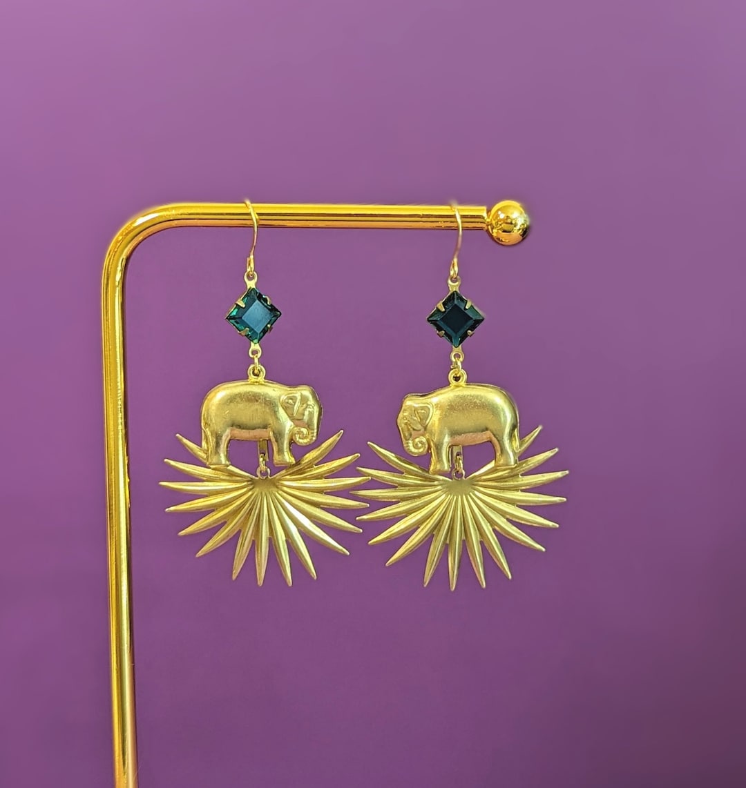 Elephant Safari Palm Fan Statement Earrings, Emerald Green Diamond ...