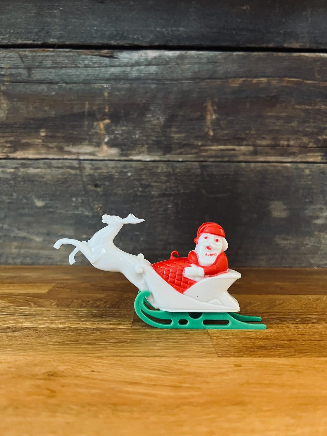 Vintage Plastic Santa in Sleigh With Reindeer — Red, White & Green ...