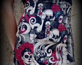 Pencil Skirt Pin up Rockabilly Vintage Psychobilly Belt Skull Rock Goth ...