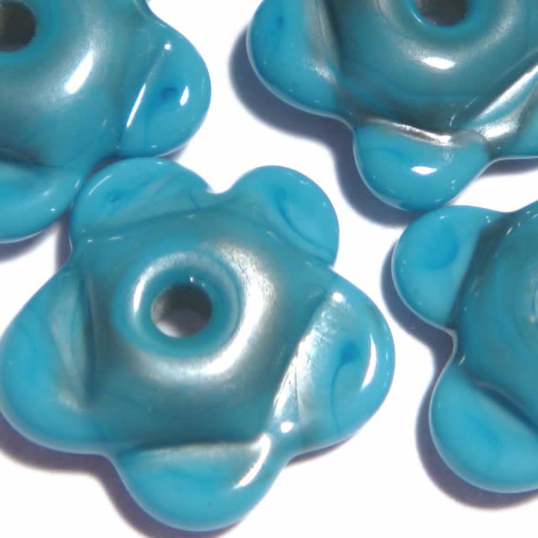 Dark TURQUOISE BLUE Handmade Glass Lampwork BEADS Tiny Shaped Flowers ...