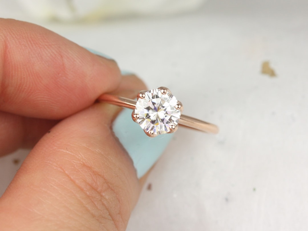 1.25ct Edith 7mm 14kt Rose Gold Moissanite Dainty Unique 6 Prong Round ...