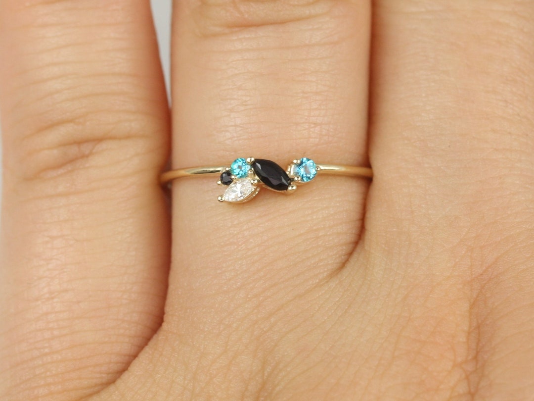 Blue Skye 14kt Diamond Topaz Onyx Cluster Ring,art Deco Ring,dainty Ring,unique Cluster Ring ...