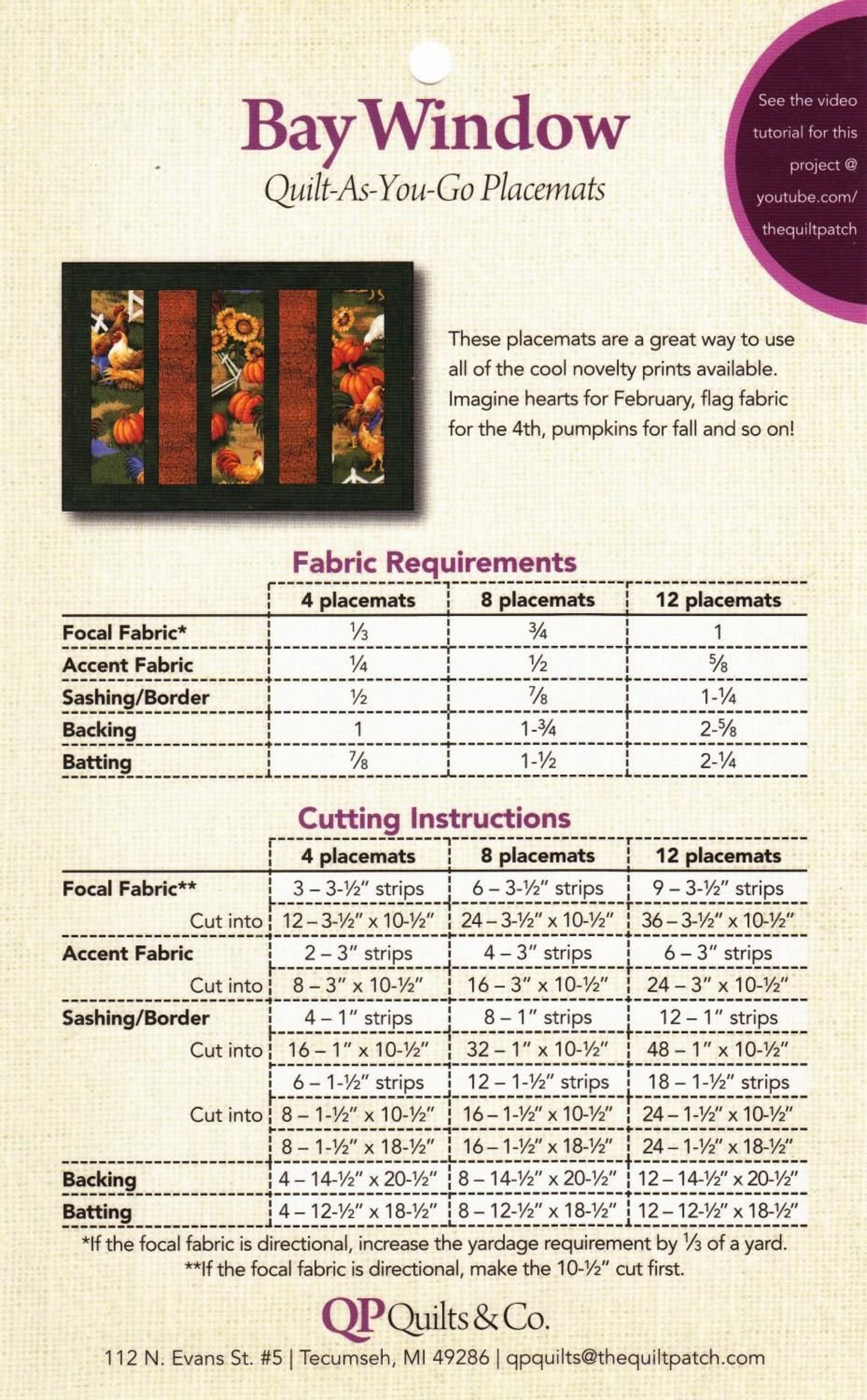 Bay Window Quilt-as-you-go Placemats Pattern From QP Quilts & | Etsy