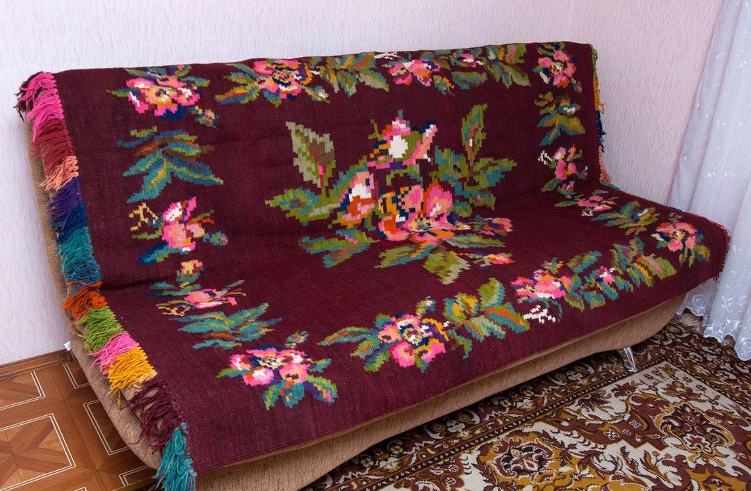 Vintage Hutsul Carpet Runner, Rustic Cover Ancient Double-sided Carpet ...