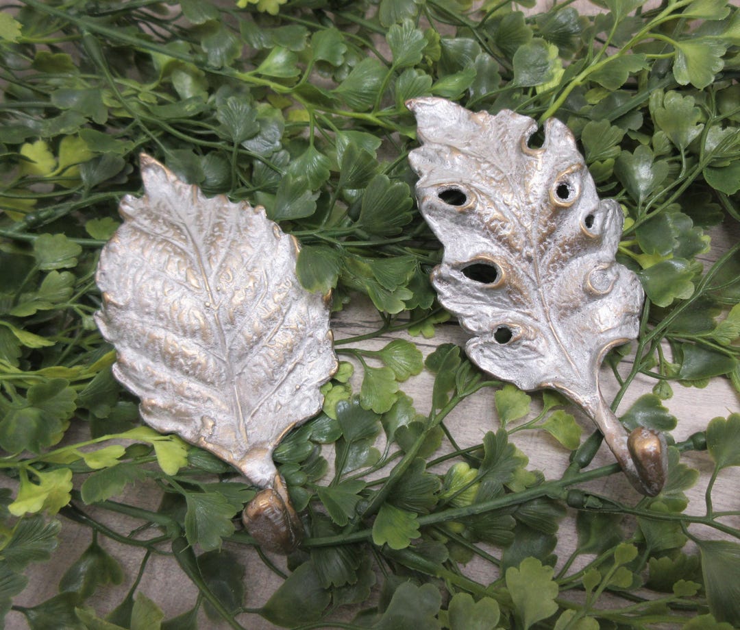 Set of 2 Brass Wall Hooks Leaf Shape 4.5 Inches Silver Gold Tone Metal ...