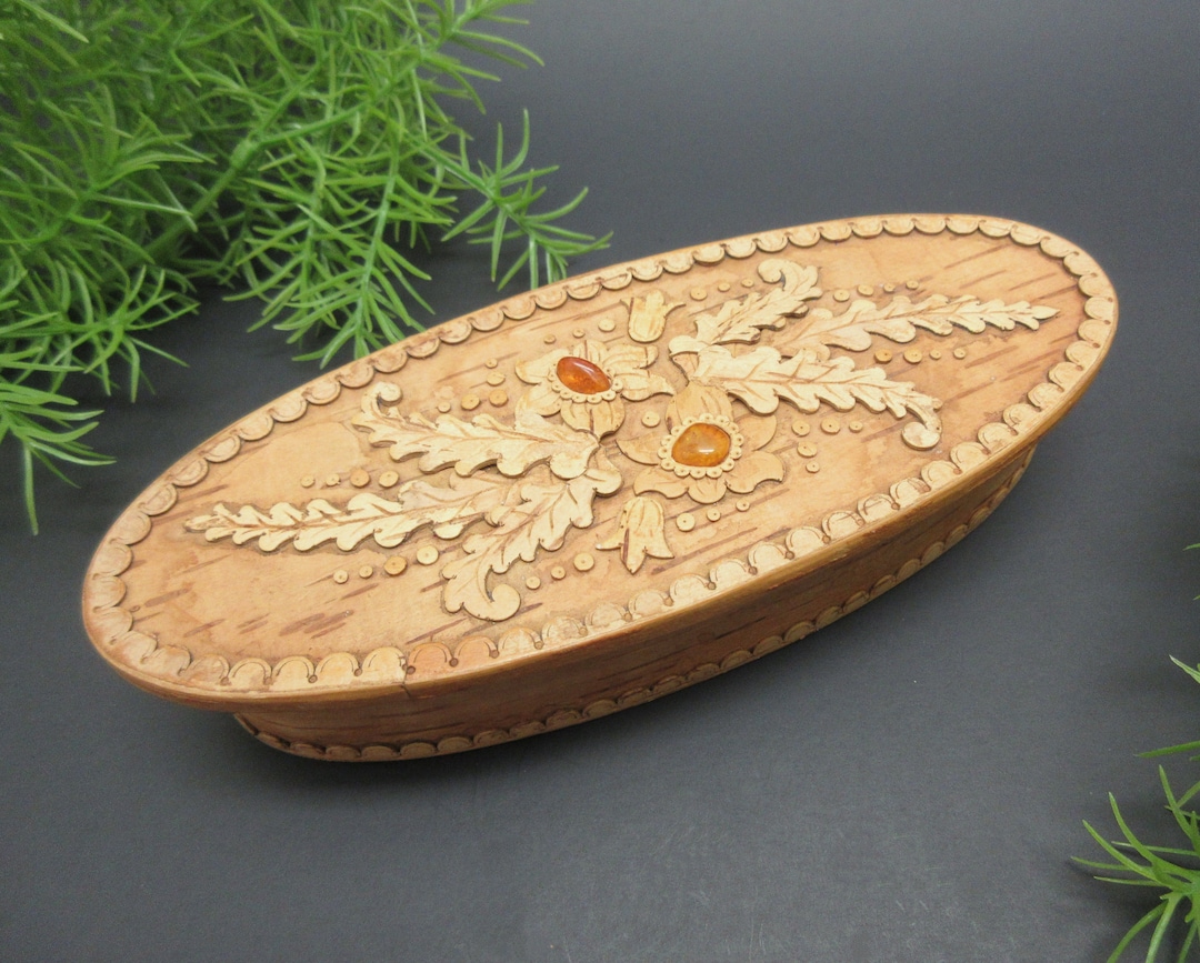 Oval Birch Bark Box With Natural Amber Stones Made in Russia Keepsake ...