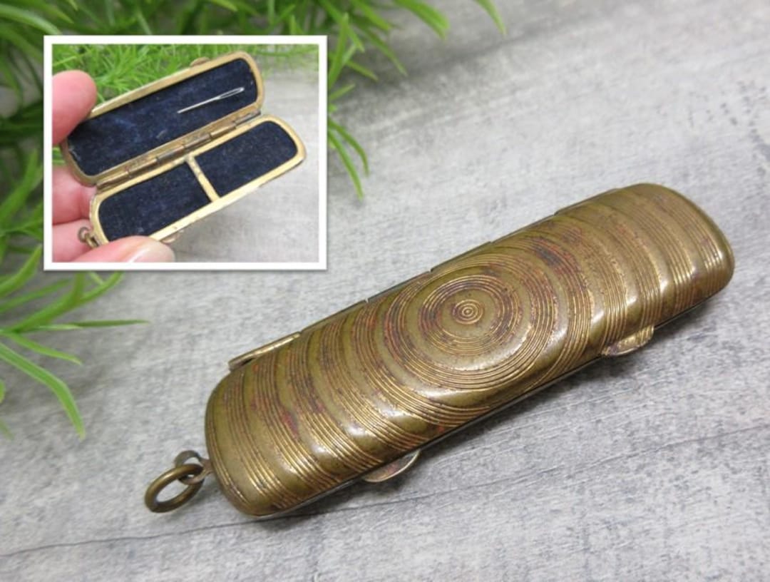 Brass Sewing Needle Holder Blue Velvet Lined Spring Loaded Hinge for ...