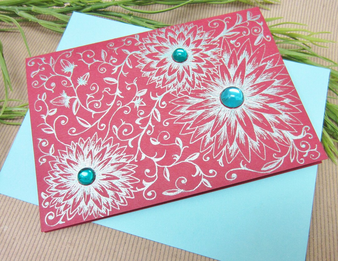 Greeting Card Note Card Hand Drawn Original Art Metallic Flowers Vines ...