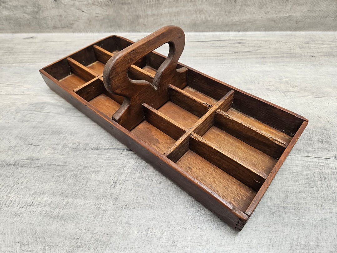 Antique Wooden Organizer Tray With Carry Handle Handmade Brown ...