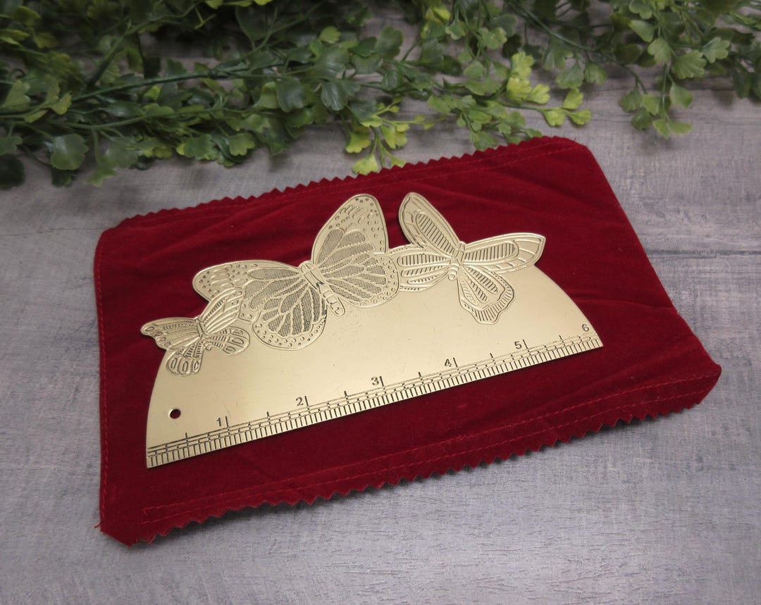 6 Inch Brass Butterfly Ruler Gold Tone Metal Measuring Tool Red Velvet ...