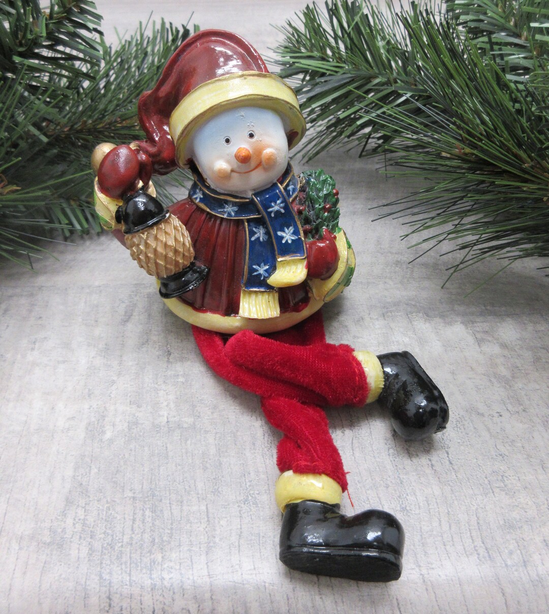 Snowman Figurine With Dangling Legs Feet Lantern Wreath Winter Decor ...
