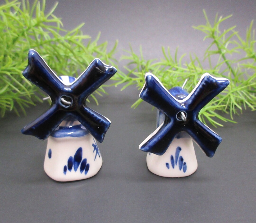 Set of 2 Miniature Ceramic Windmills Hand Painted Dutch Delft Blue ...
