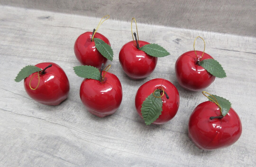 Set of 7 Red Apple Ornaments 2.5 Inch Green Leaf Fall Autumn Harvest ...