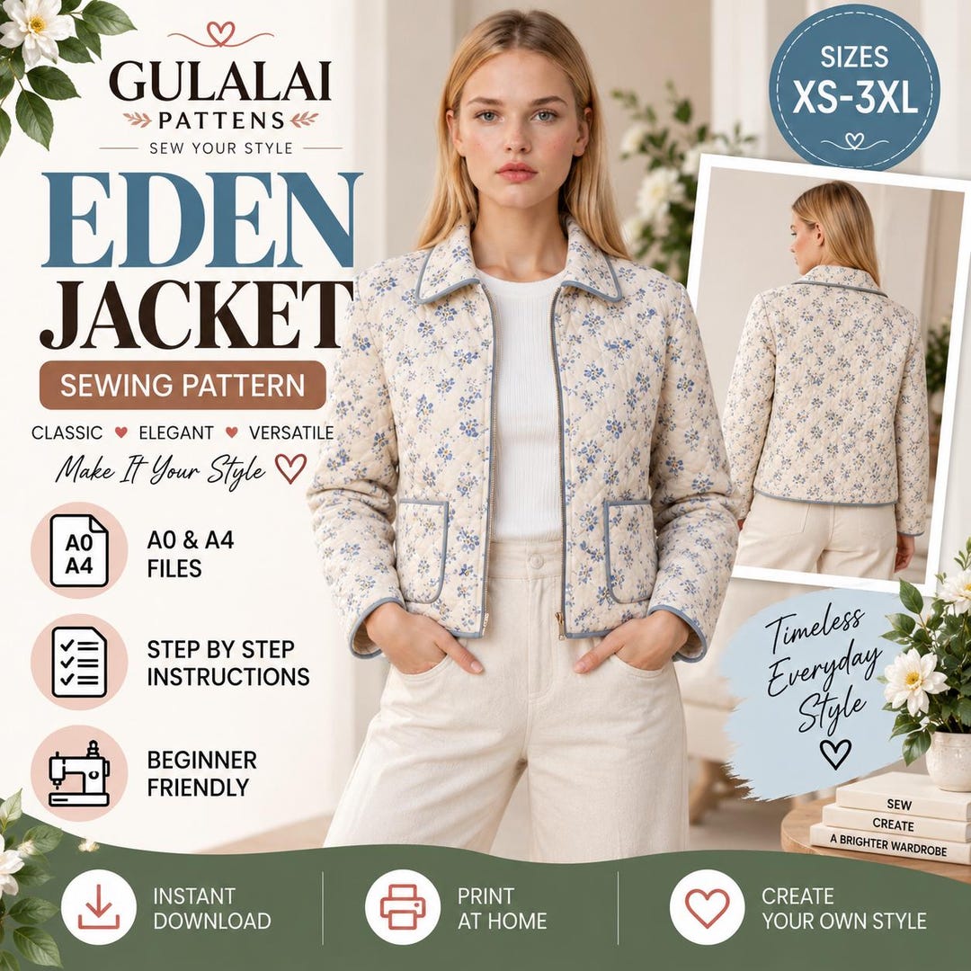 Quilted Jacket Sewing Pattern PDF | Eden Zip up Jacket Pattern ...
