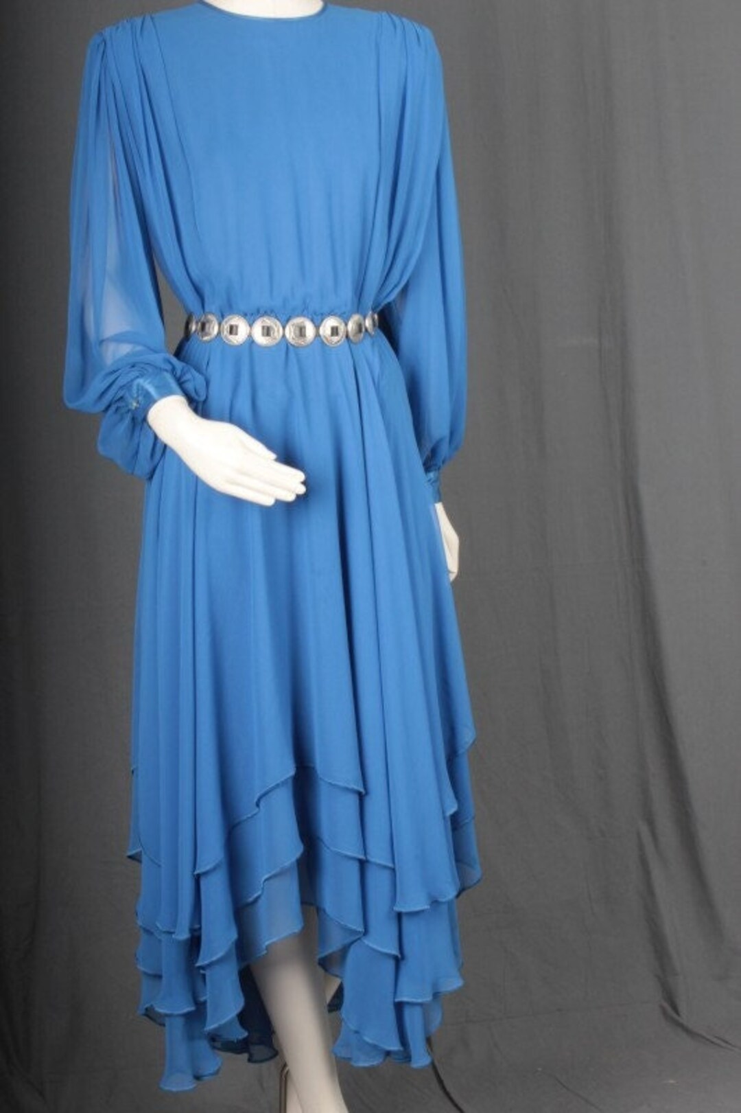 Vintage Blue Dress Hi Low Mullet Asymmetrical Trapeze Layered Boho ...
