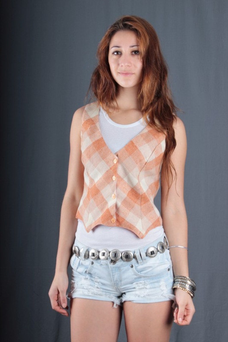 Vintage Peach Vest Waistcoat Checks Sleevless Jacket Top Blouse Hippie ...