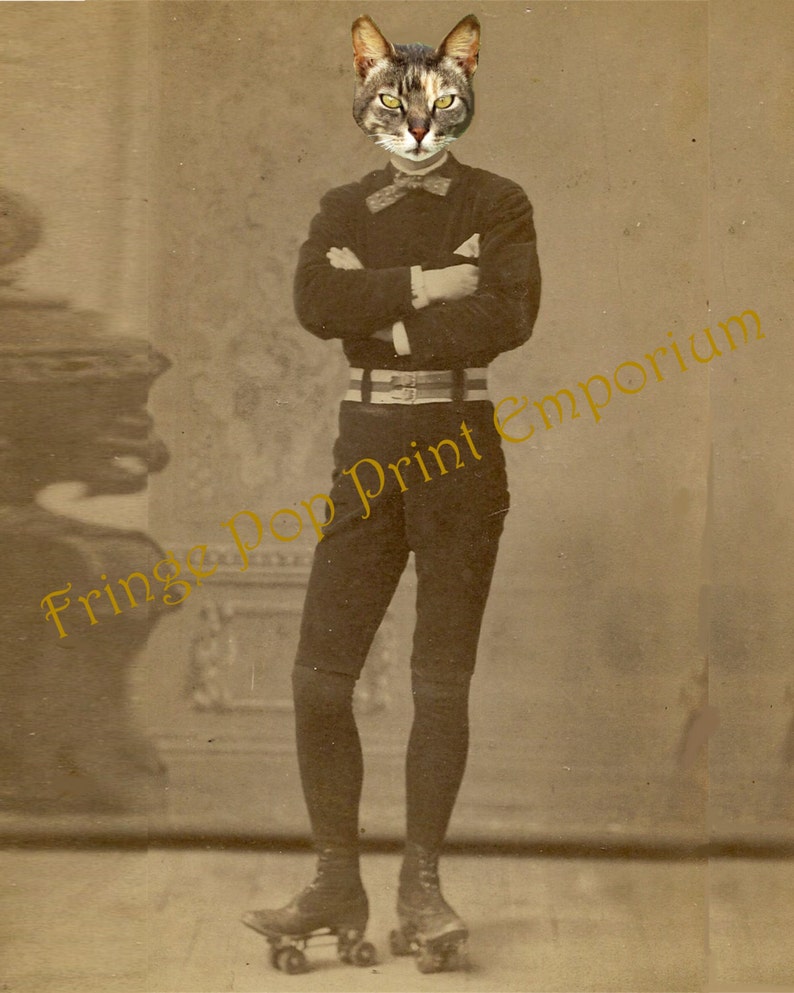 Cat Roller Skating Art Print 8 X 10 Altered Art Victorian - Etsy