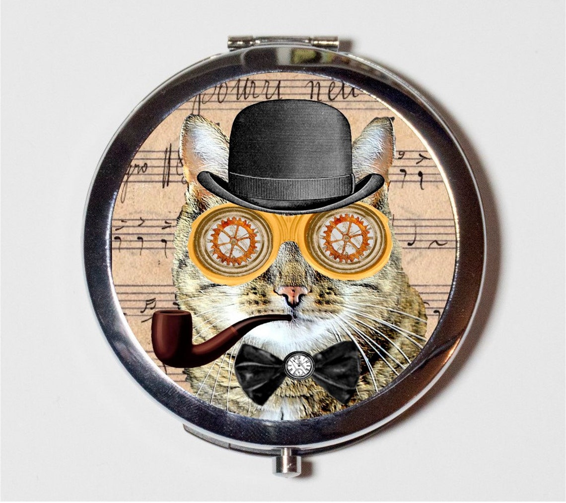 Victorian Steampunk Cat Compact Mirror - Altered Art - Make up Pocket ...