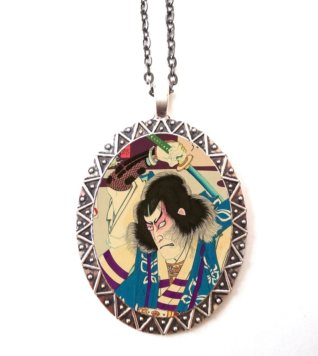 Japanese Samurai Necklace Pendant Silver Tone - Japan Woodblock Kabuki ...