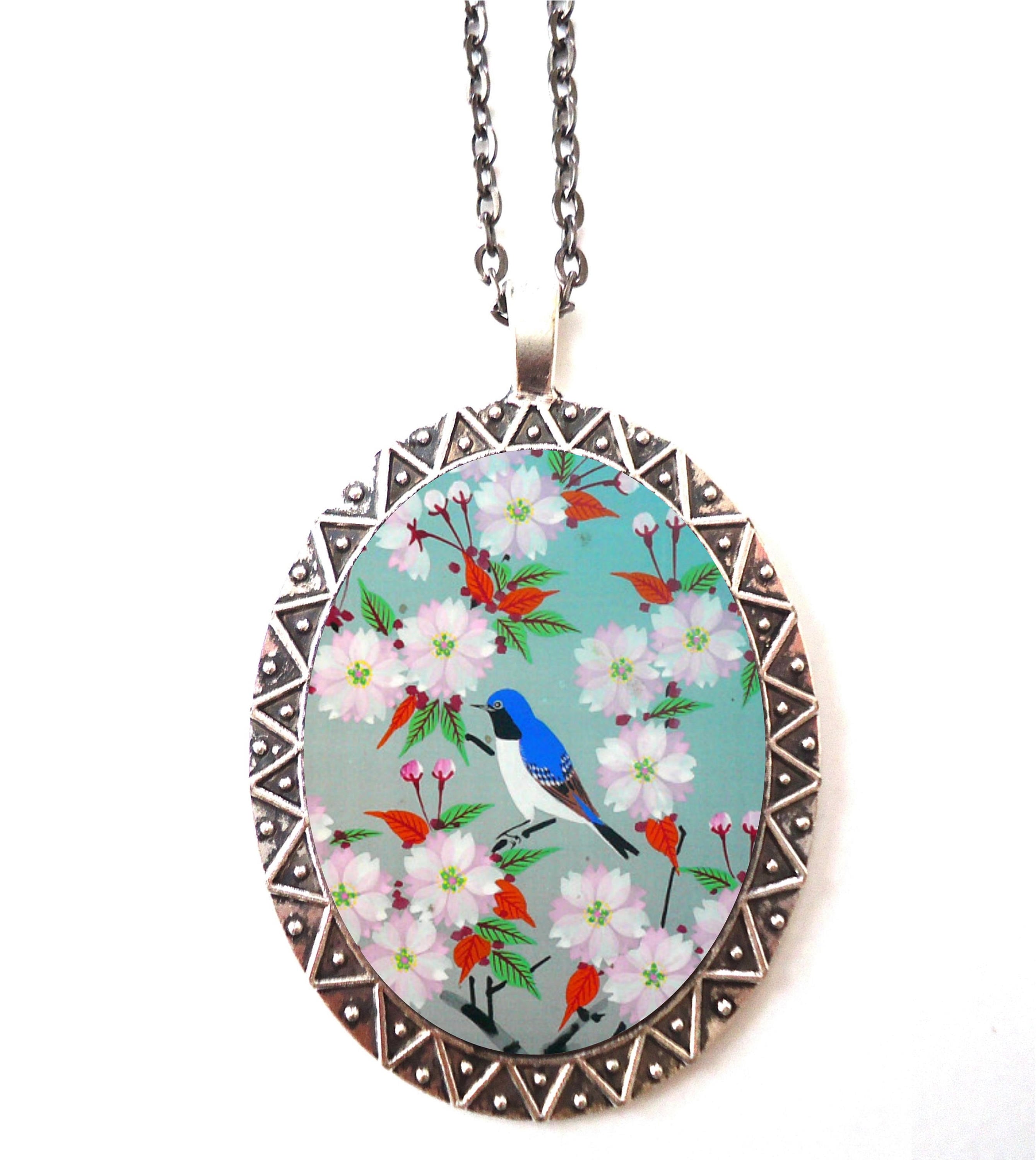 Bluebird Necklace Pendant Silver Tone - Blue Bird Cherry Blossom Sakura ...