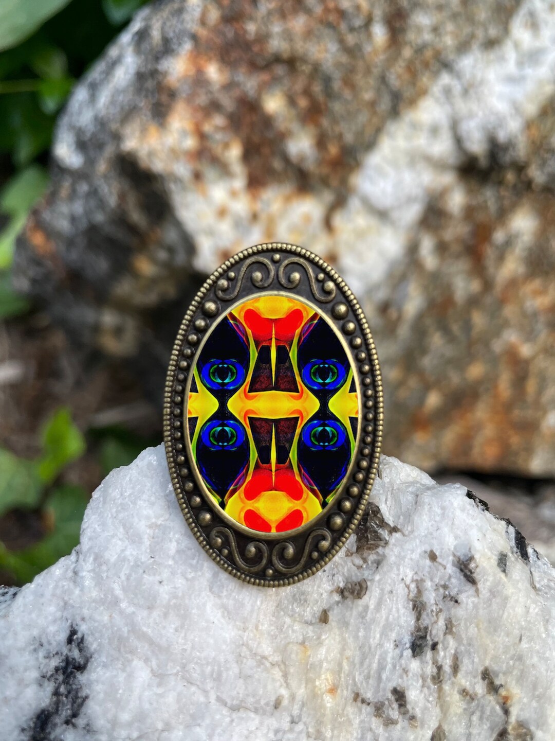Psychedelic Art Antiqued Bronze Adjustable Ring Trippy Pattern Brass - Etsy
