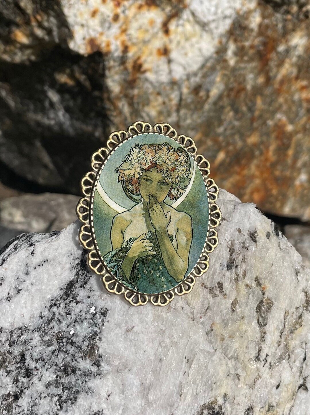 Alphonse Mucha Moon Dance Brooch Pinback Pin Back Art Nouveau Goddess ...