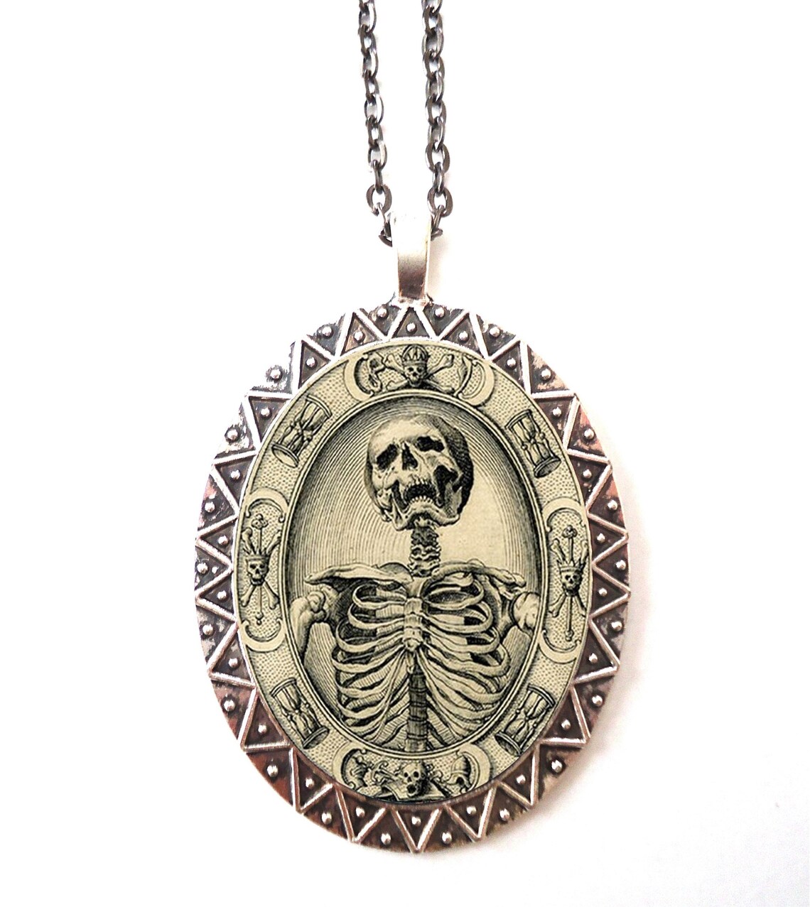 Memento Mori Necklace Pendant Silver Tone - Skeleton Skull Goth Gothic ...