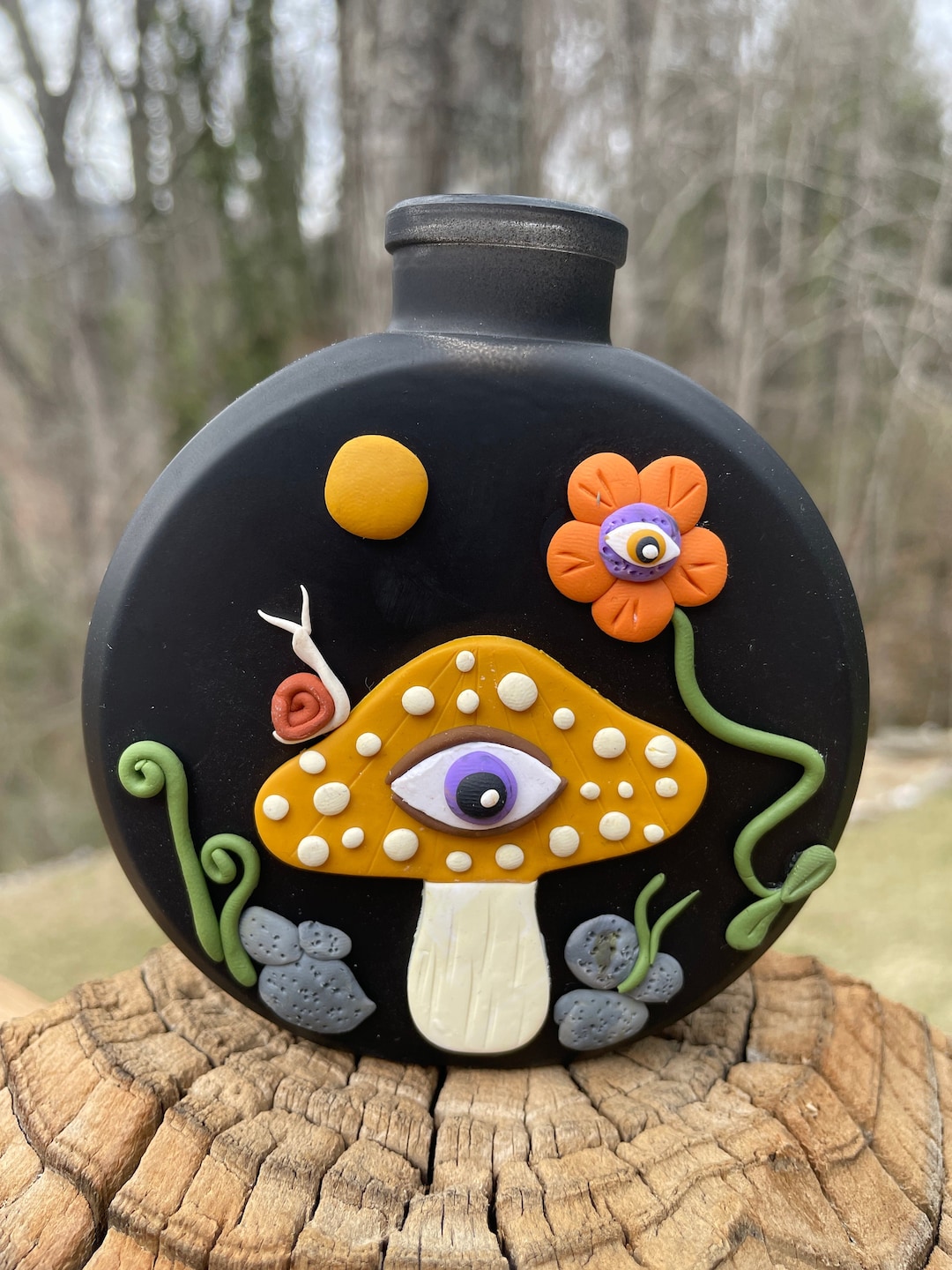 Clay Sculpted Psychedelic Black Mini Vase Trippy Mushroom Art Third Eye ...