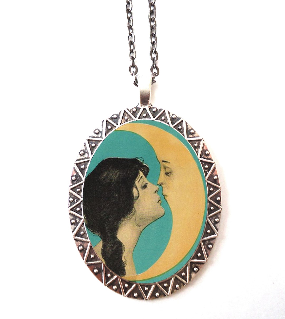 Moon Kiss Necklace Pendant Silver Tone - Kissing Man in the Moon ...