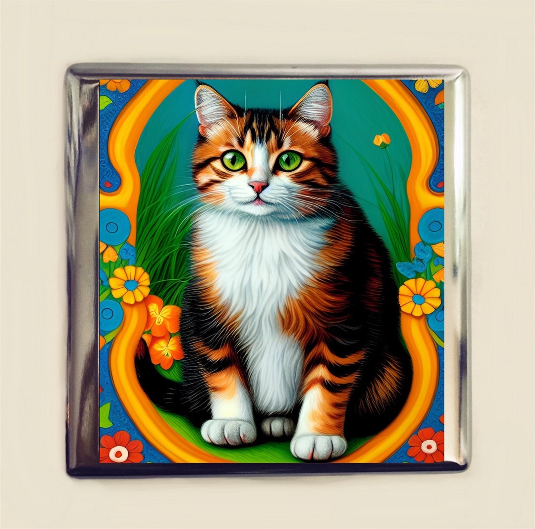 Floral Orange Cat Cigarette Case Business Card ID Holder Wallet Flowers ...