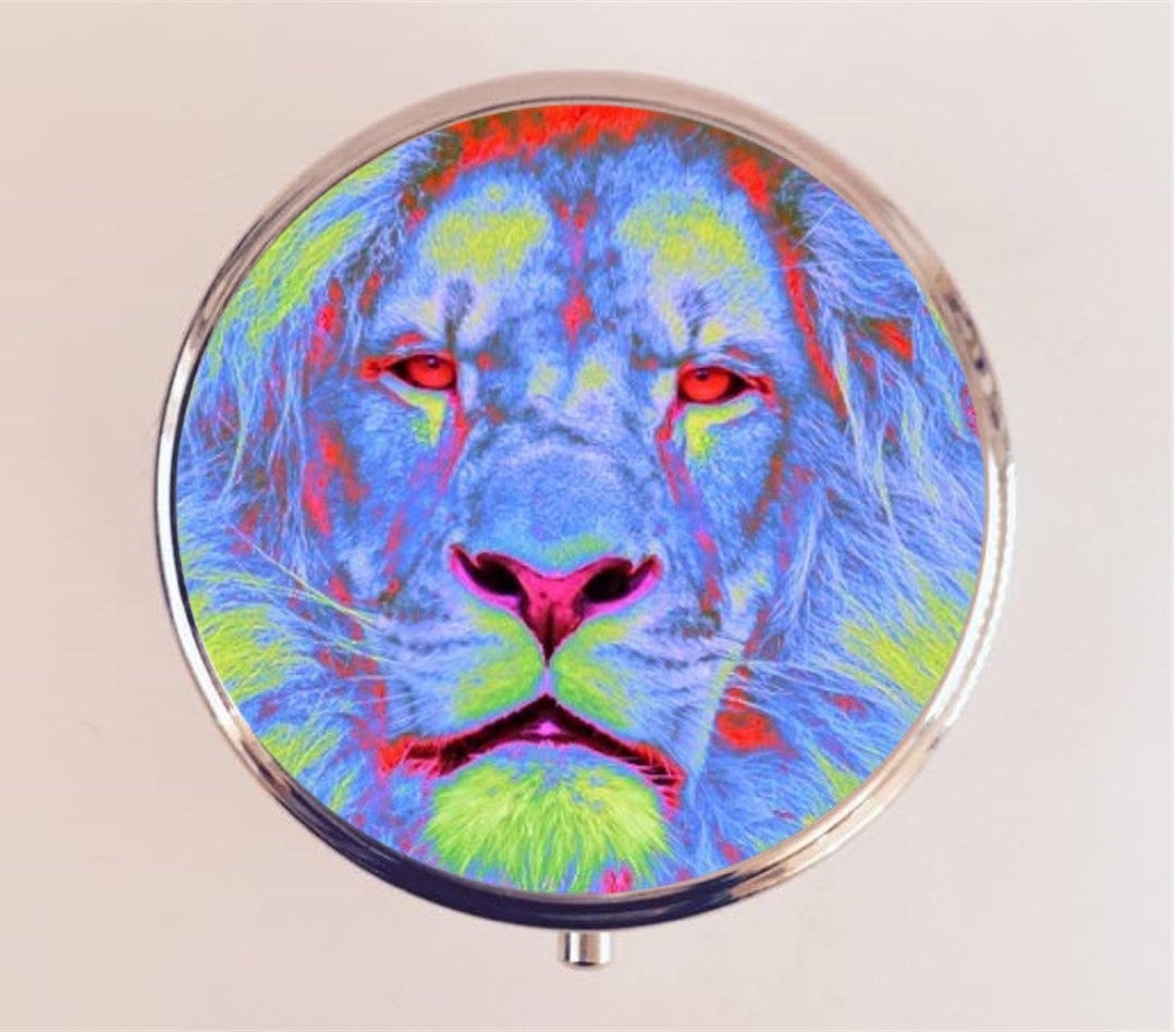 Trippy Lion Pill Box Case Pillbox Holder Trinket Psychedelic Neon Pop ...