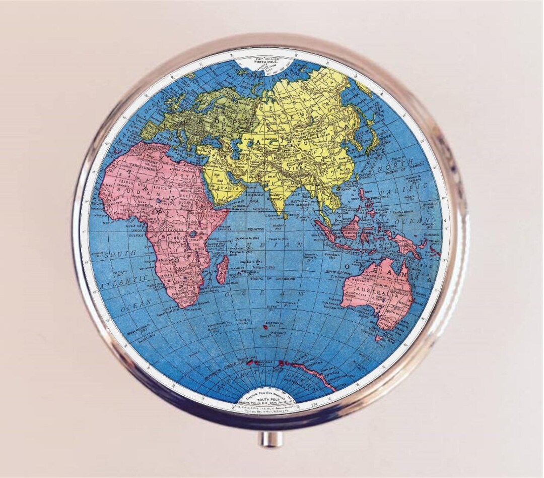 World Map Pill Box Case Pillbox Holder Trinket Vintage Geography Globe ...