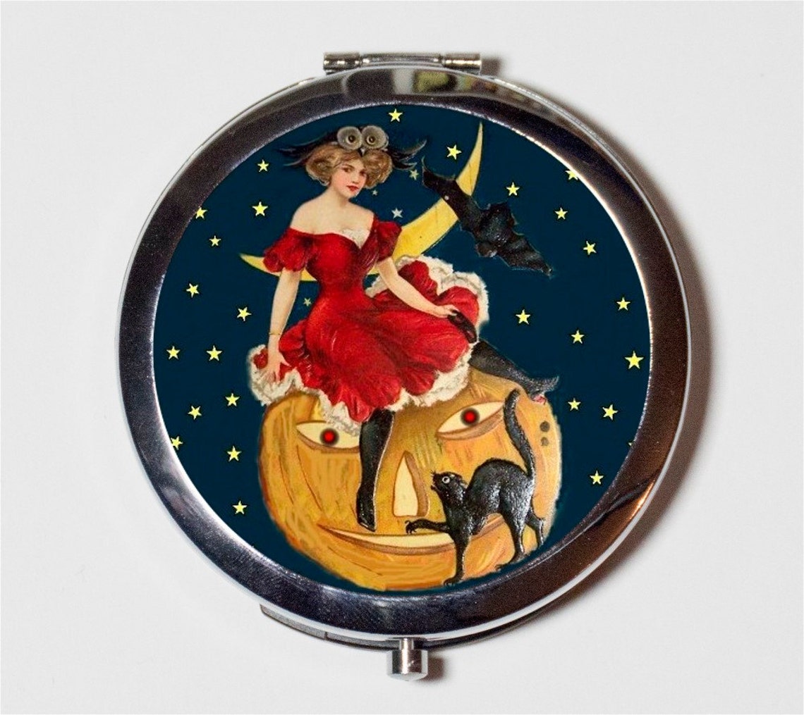 Edwardian Halloween Witch Compact Mirror - With Pumpkin and Cat ...