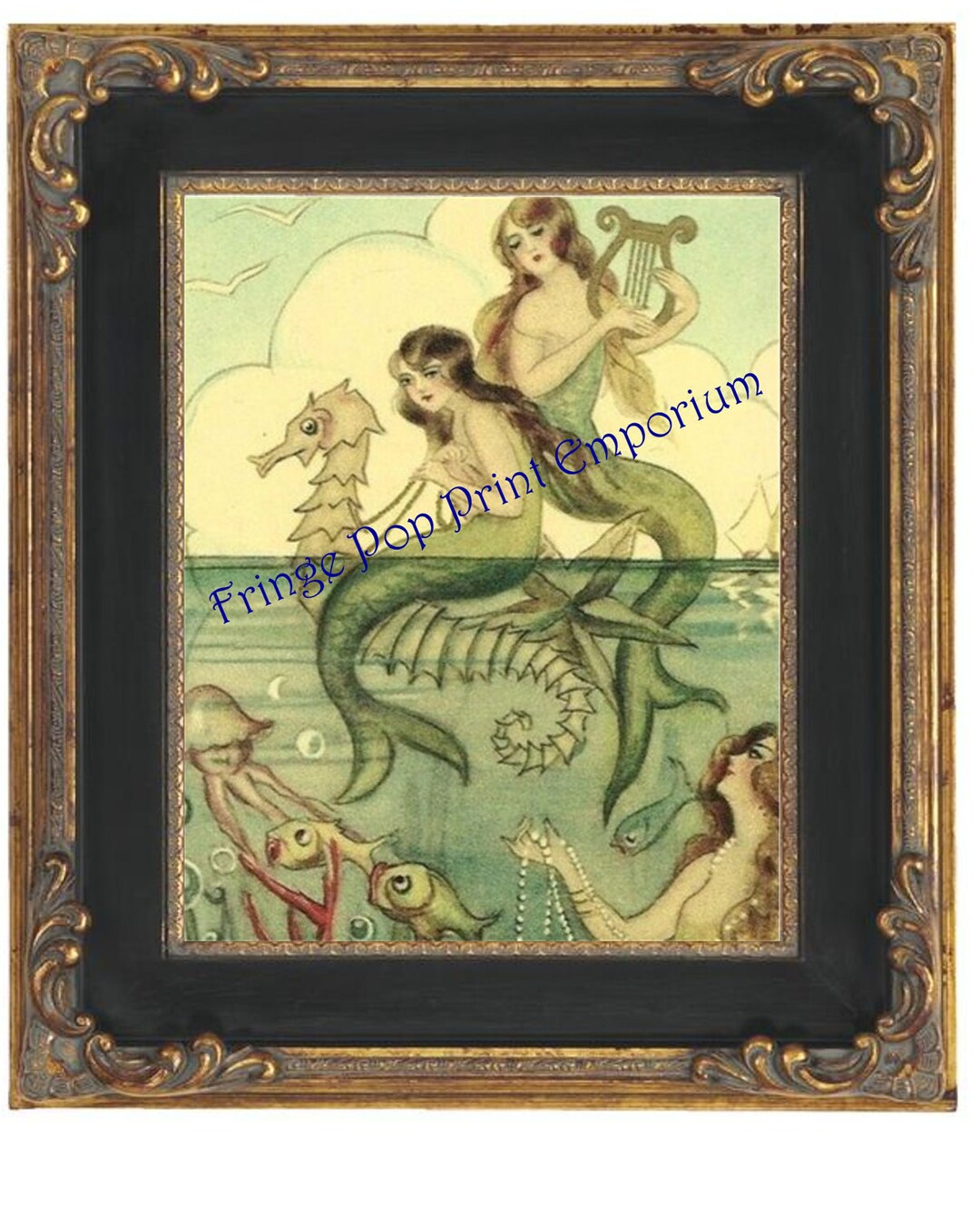 Mermaid Harp Art Print 8 X 10 - Seahorse Image - Retro Whimsical - Etsy