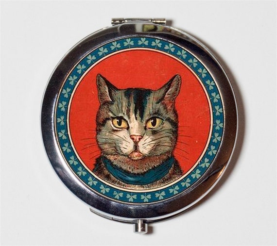 Cat Illustration Compact Mirror Vintage Kittten Illustration | Etsy