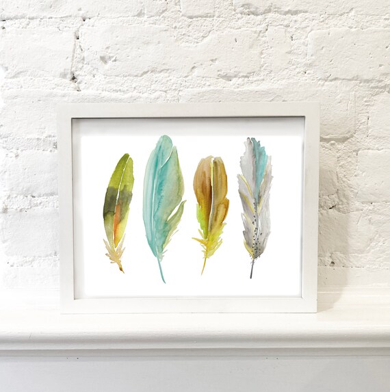 Green and Teal Watercolor Feathers multiple sizes included | Etsy