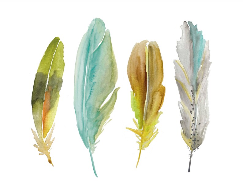 Green and Teal Watercolor Feathers, Multiple Sizes Included for INSTANT ...
