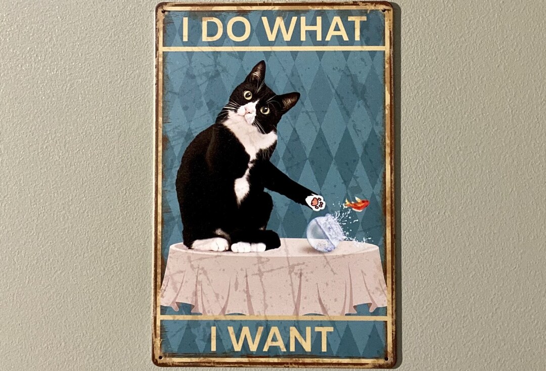 Cat Wall Art Decor, I Do What I Want - Knocking Over Fish Bowl, Metal ...