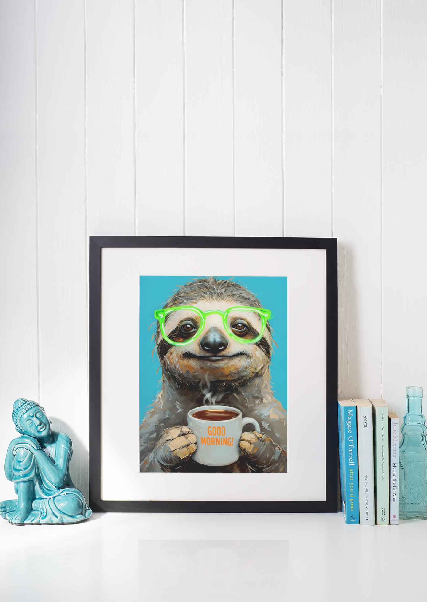 Sloth Coffee Poster Digital Download – Whimsical Wall Art With Neon ...