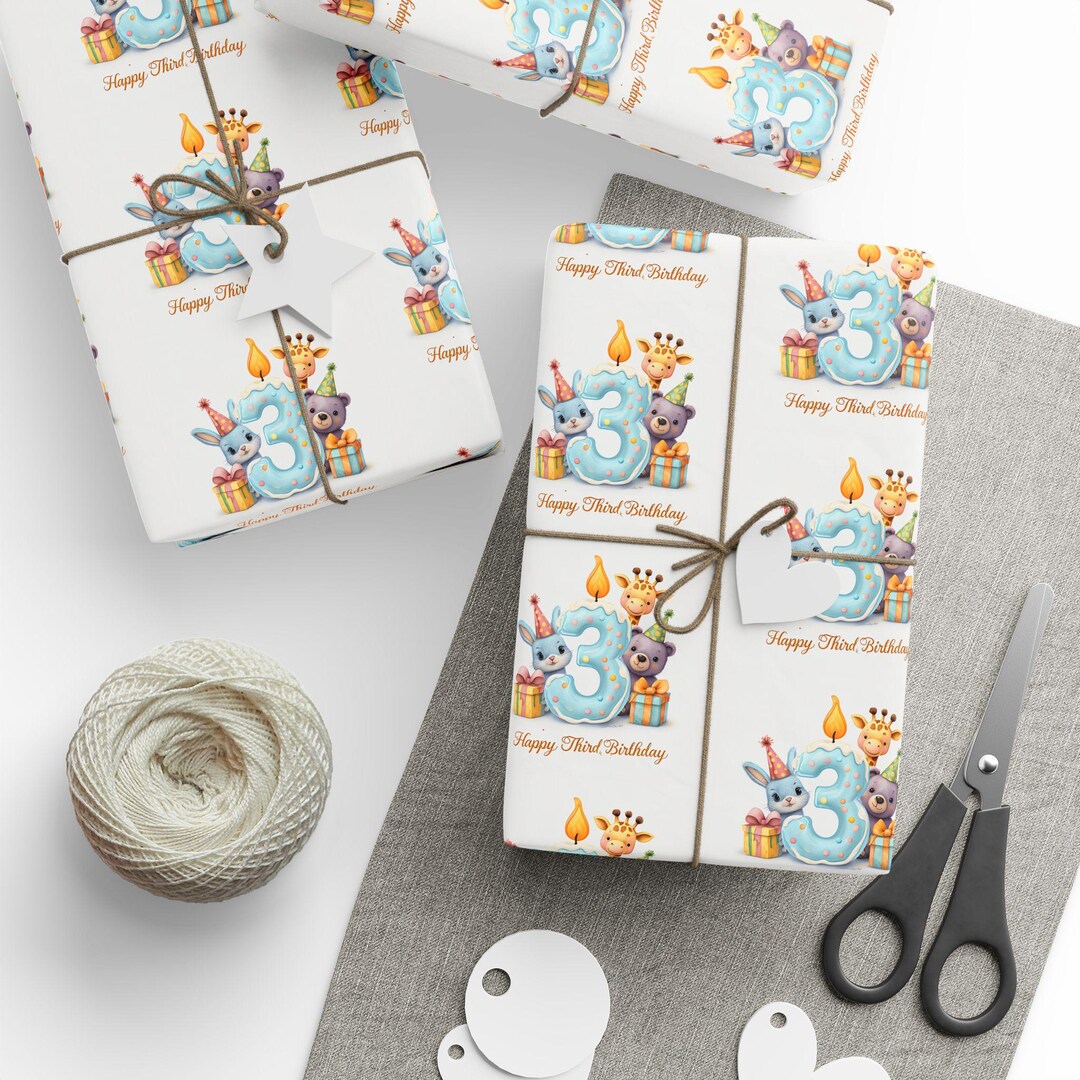3rd Birthday Wrapping Paper, Gift Wrap for 3 Year Old, Celebration ...