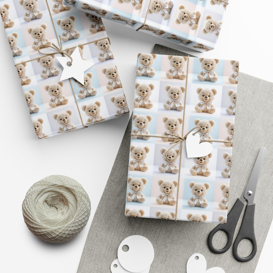 Teddy Bear Wrapping Paper, Gift Wrap for Baby Showers and Gifts, Blue ...