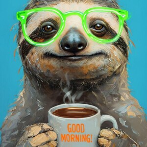 Sloth Coffee Poster Digital Download – Whimsical Wall Art With Neon ...