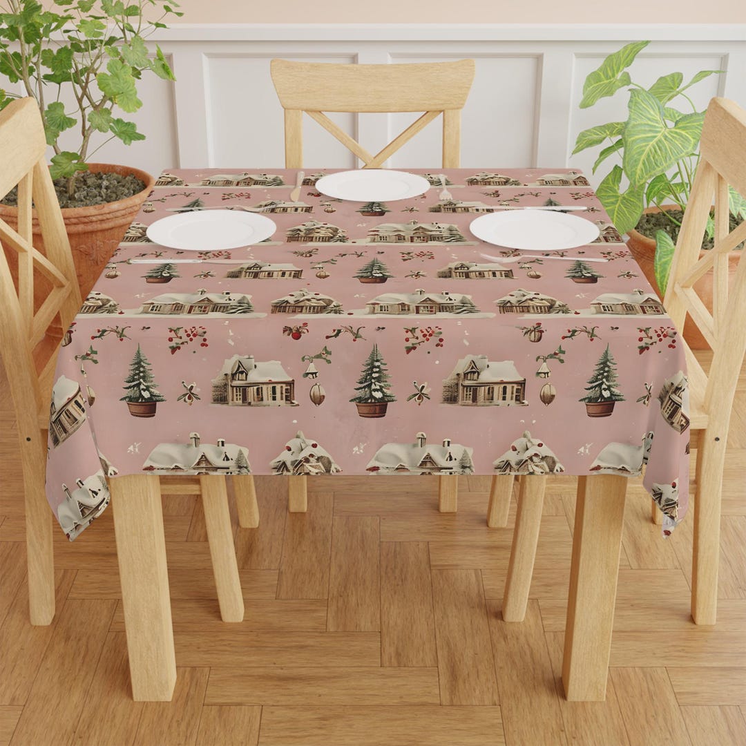Vintage Christmas Tablecloth | Cozy Snowy Cottage Scene, Pink Retro ...