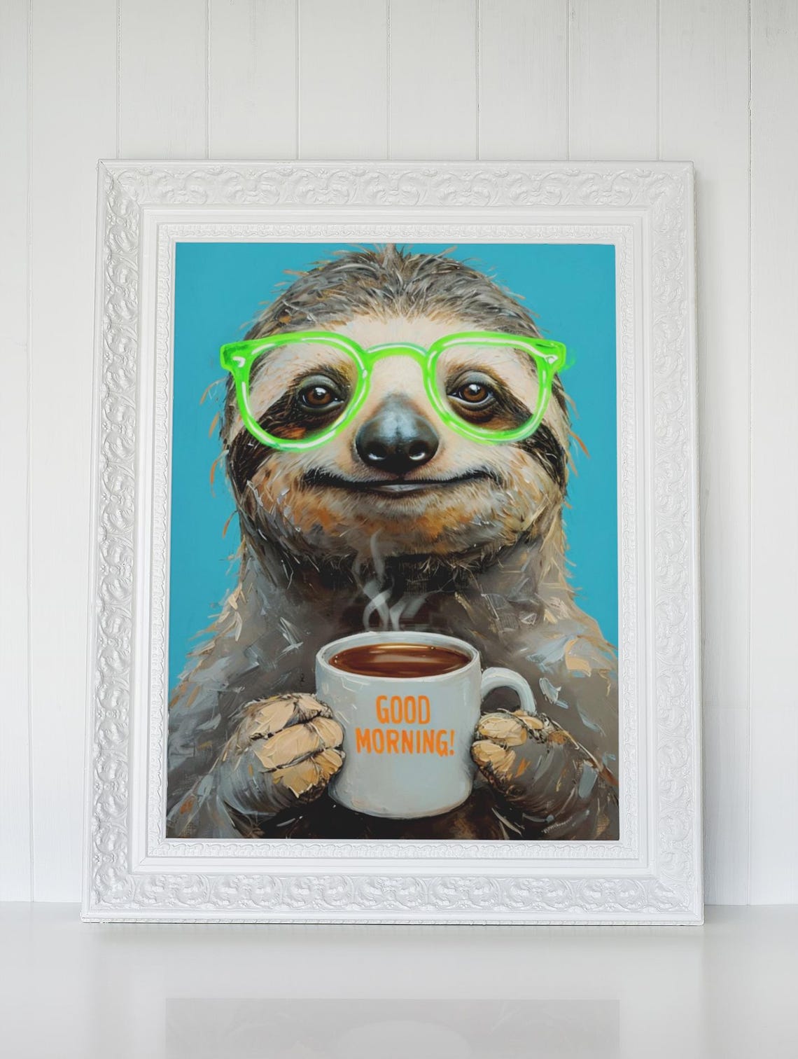 Sloth Coffee Poster Digital Download – Whimsical Wall Art With Neon ...